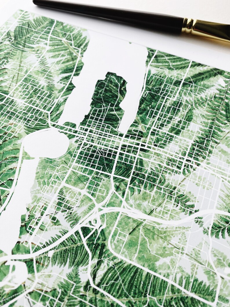 OLYMPIA Map Ferns Botanical Map Painting WASHINGTON (art Print) Flora ...
