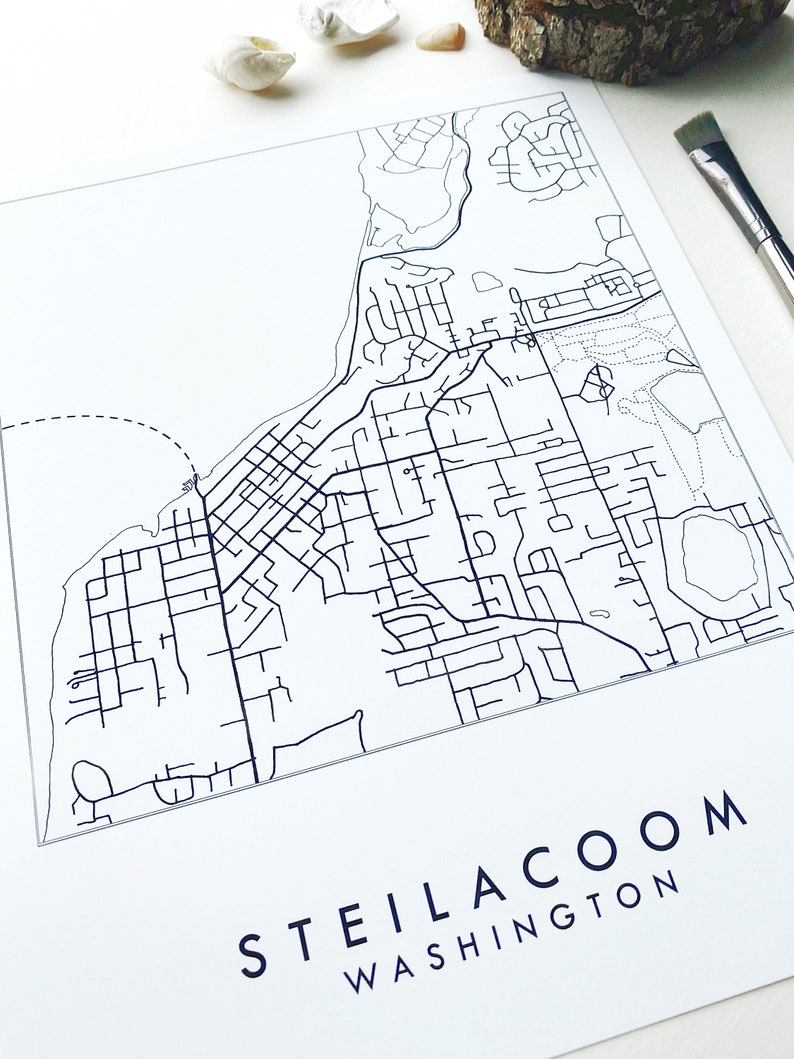 STEILACOOM Map Hand Drawn Street Map WASHINGTON City Map Drawing Black ...