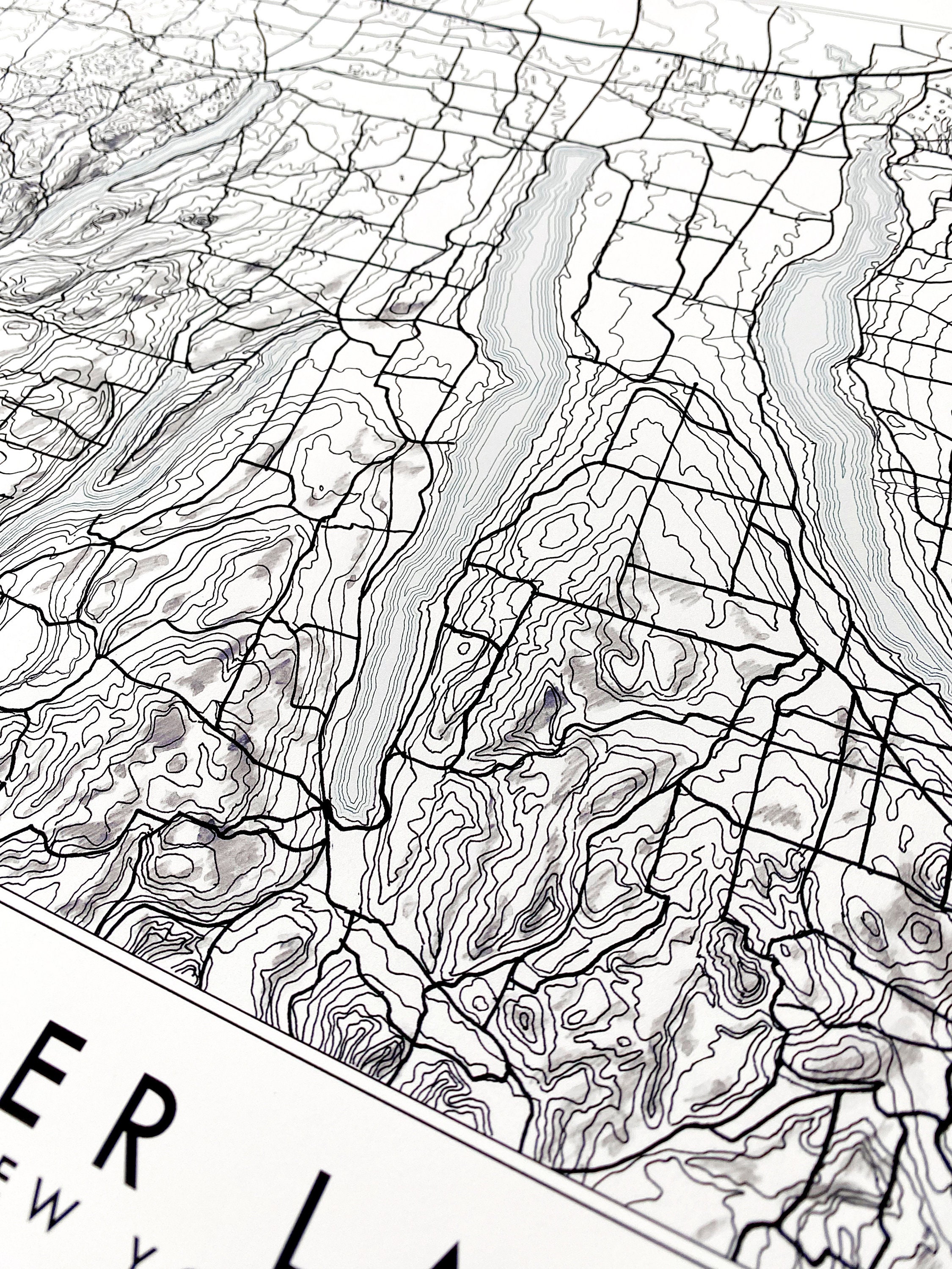FINGER LAKES Hand Drawn Map New York Topographic Drawing (art Print ...