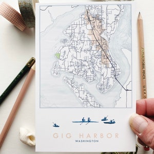 GIG HARBOR Hand-drawn Watercolor Map Standard POSTCARD Washington Kayak ...