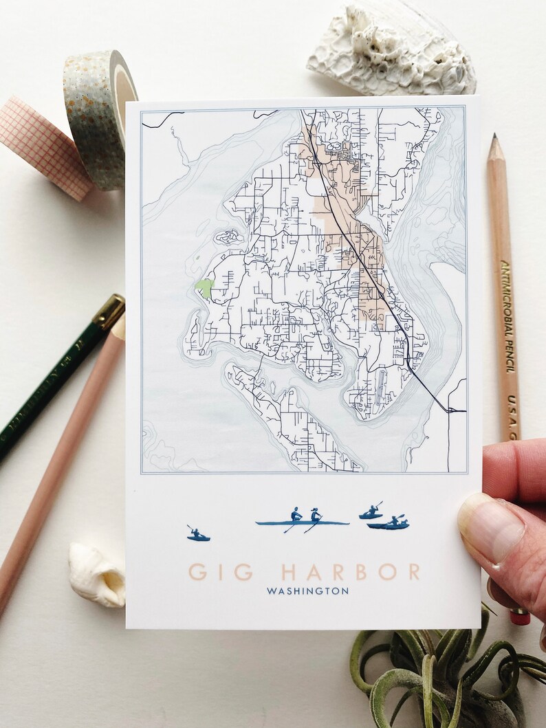 GIG HARBOR Hand-drawn Watercolor Map Standard POSTCARD Washington Kayak ...