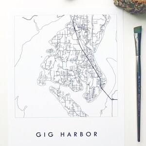 GIG HARBOR Map Hand Drawn Street Map WASHINGTON City Map Drawing Black ...