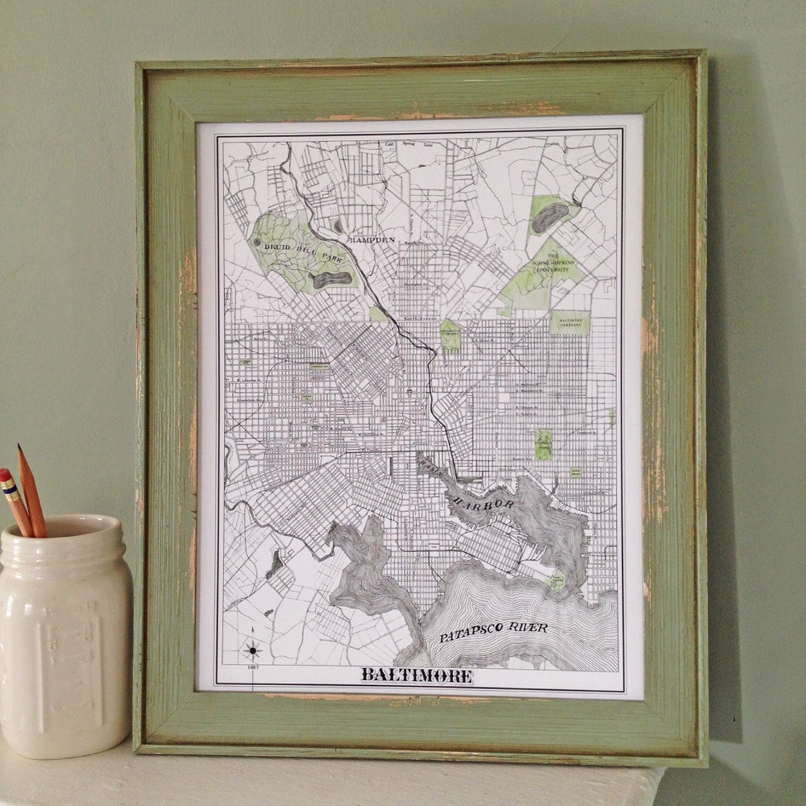 BALTIMORE Map Hand-drawn 1887 Street Map MARYLAND City Map Drawing (art ...