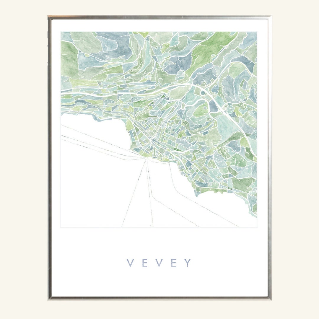 VEVEY Map Hand Painted Watercolor Print SWITZERLAND City Block - Etsy