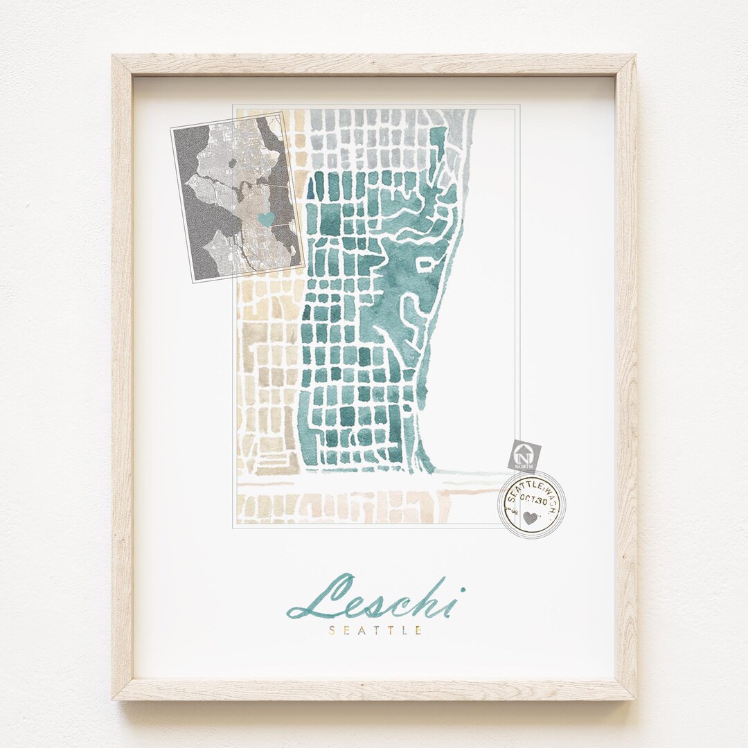 LESCHI Seattle Neighborhood Map Watercolor Print WASHINGTON City Block ...