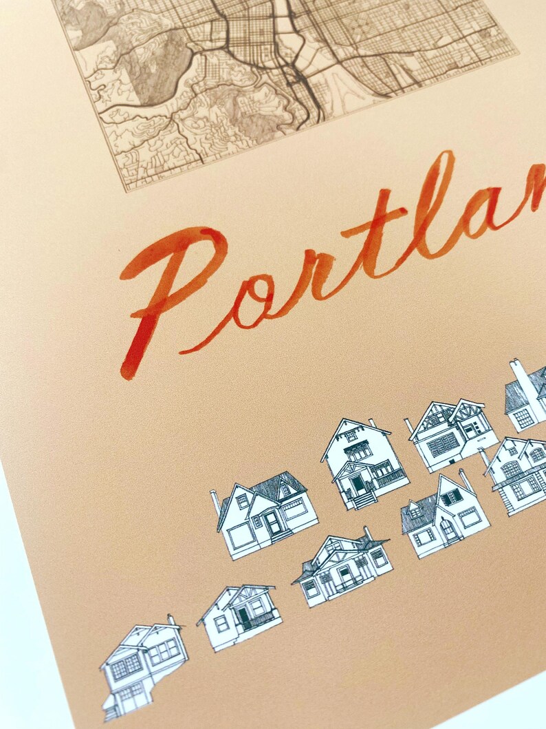 PORTLAND Streetscape + Map Drawing Bungalows OREGON City Plan (art ...