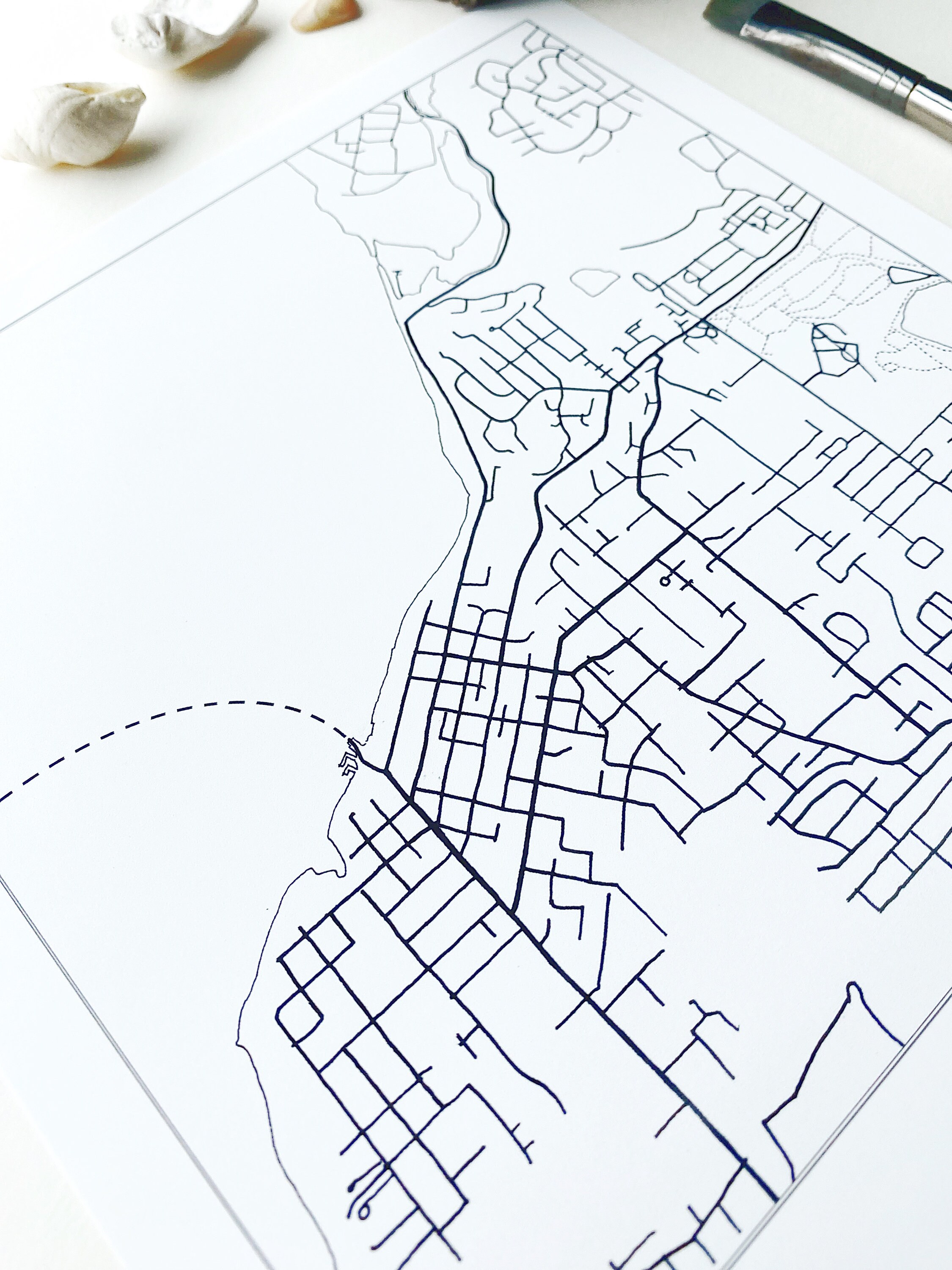 STEILACOOM Map Hand Drawn Street Map WASHINGTON City Map Drawing Black ...