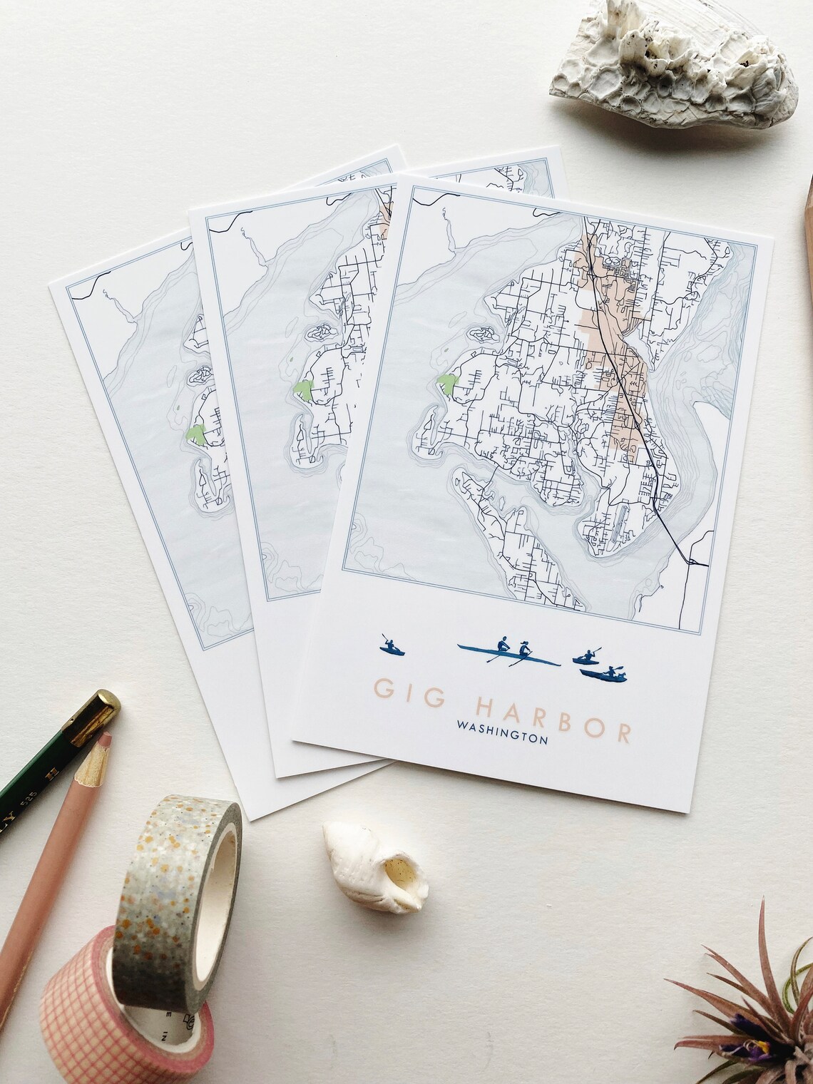 GIG HARBOR Hand-drawn Watercolor Map Standard POSTCARD Washington Kayak ...