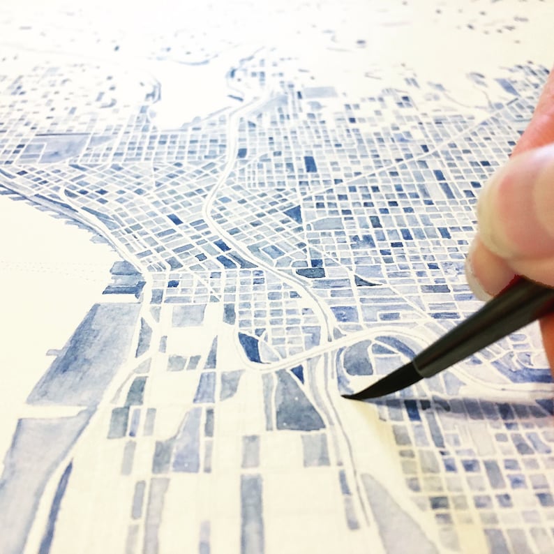 SEATTLE Map Watercolor Print WASHINGTON City Block Plan art - Etsy