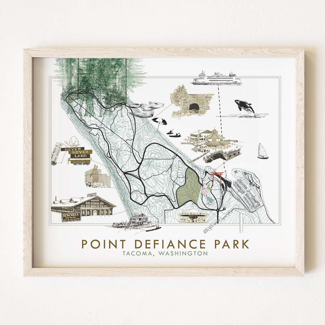 POINT DEFIANCE PARK Tacoma Washington Then and Now Map Hand Drawn Icons ...