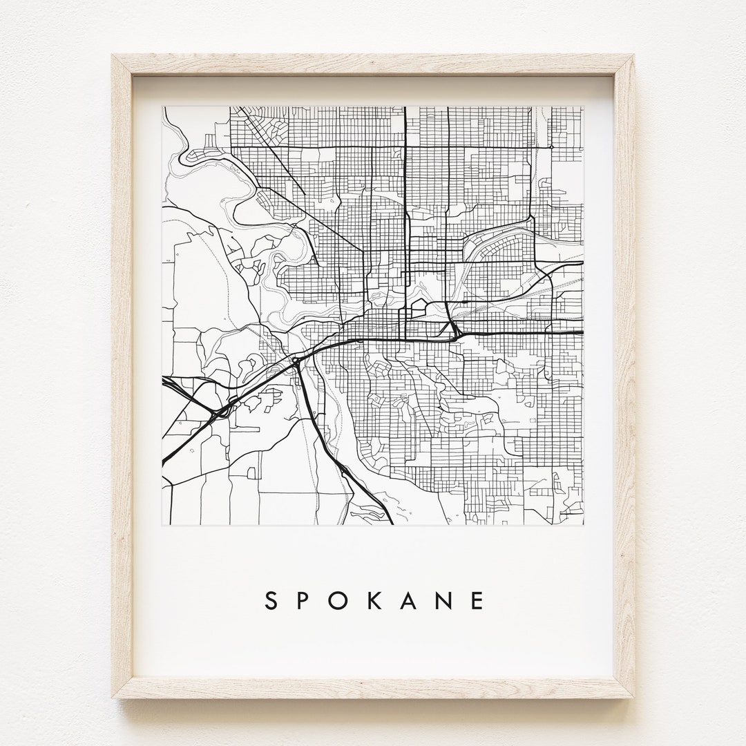 SPOKANE Map Street Map WASHINGTON City Map Drawing Black and White (art ...