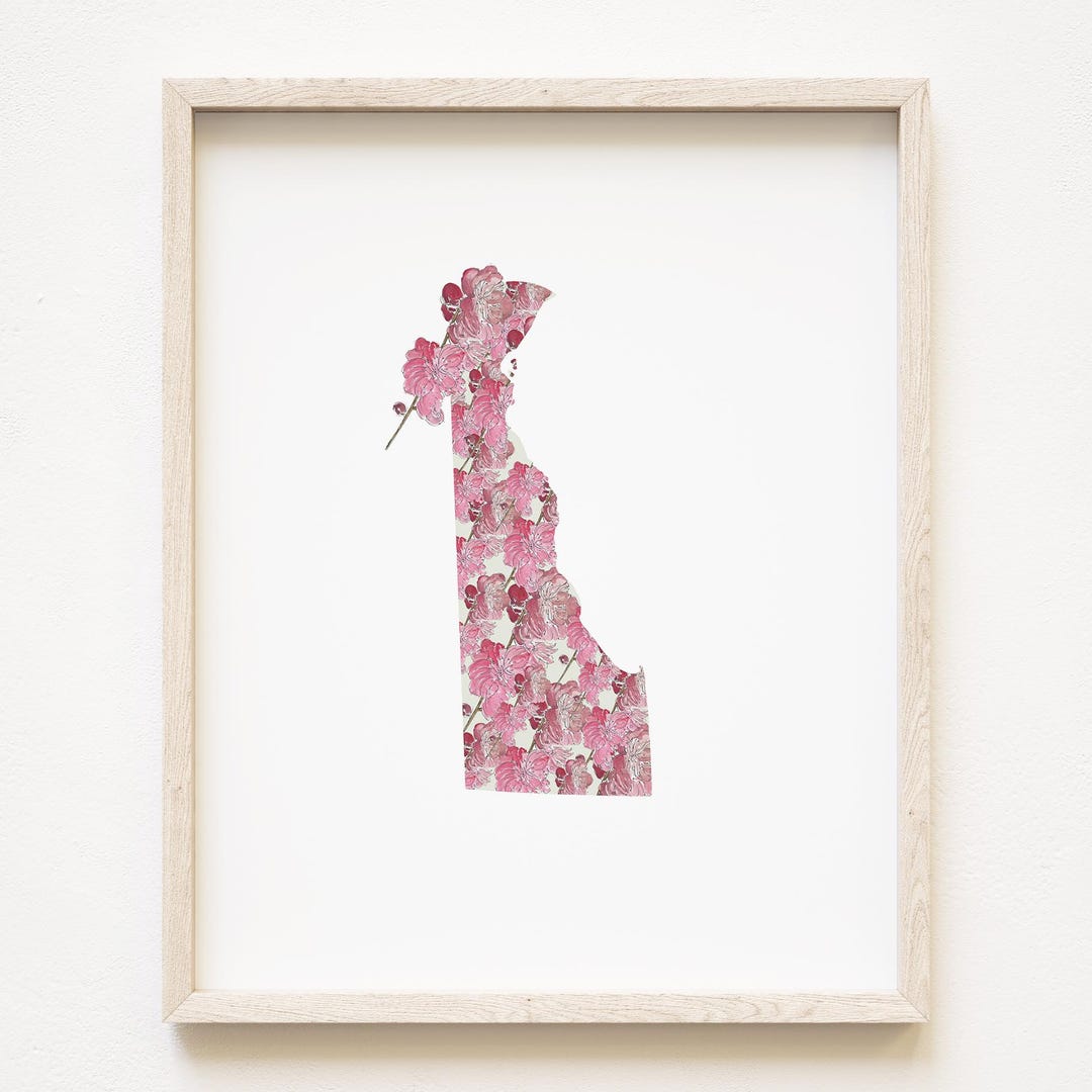 DELAWARE State Flower Map Watercolor Peach Blossom (art Print) Map Wall ...