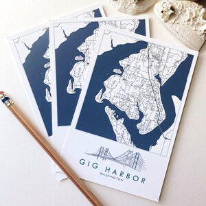 GIG HARBOR Hand-drawn "blueprint" Map Standard POSTCARD Washington ...