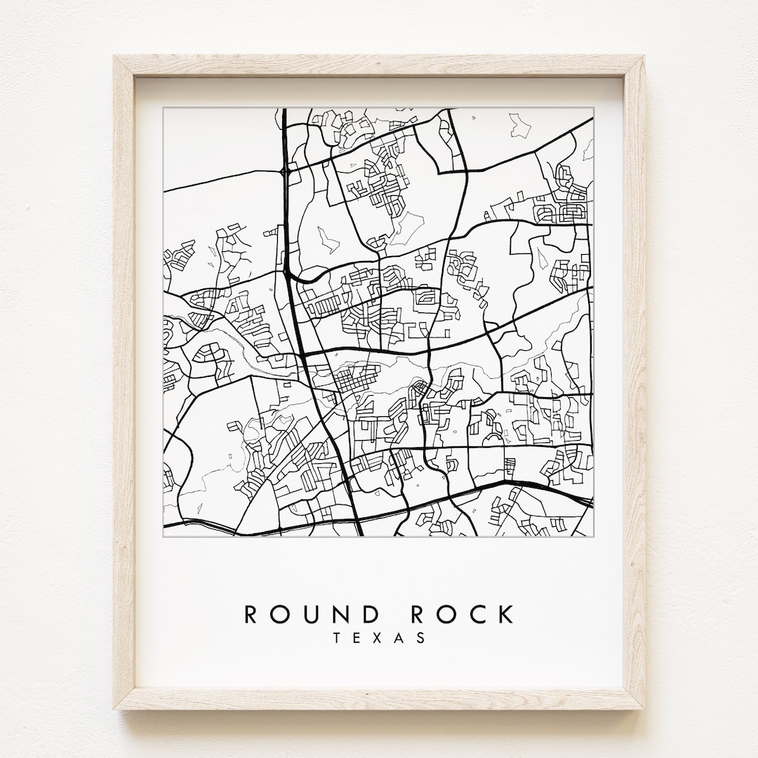 ROUND ROCK Map Street Map TEXAS City Map Drawing Black and White (art ...
