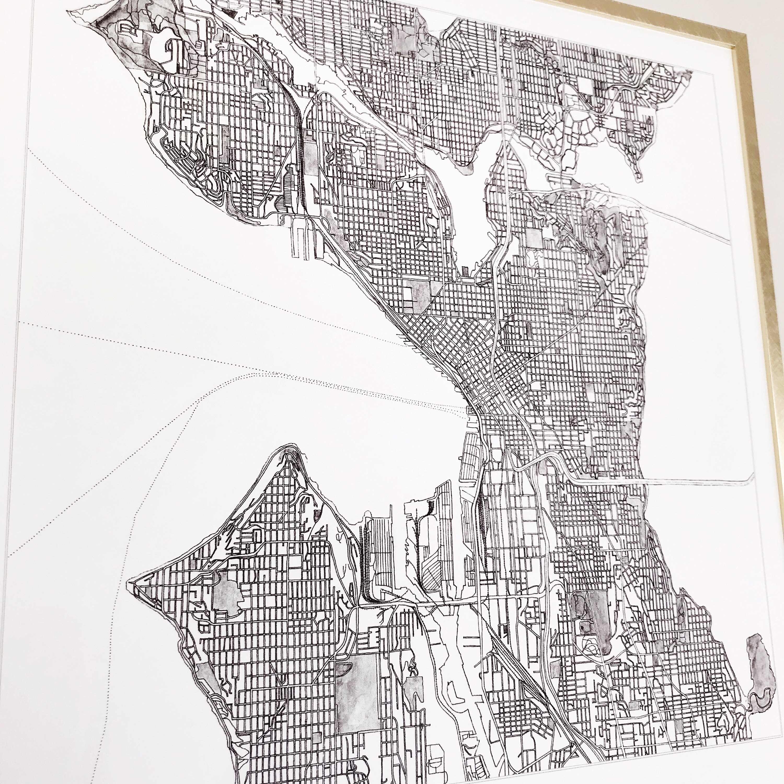 SEATTLE Map Street Map WASHINGTON City Map Drawing Black and | Etsy