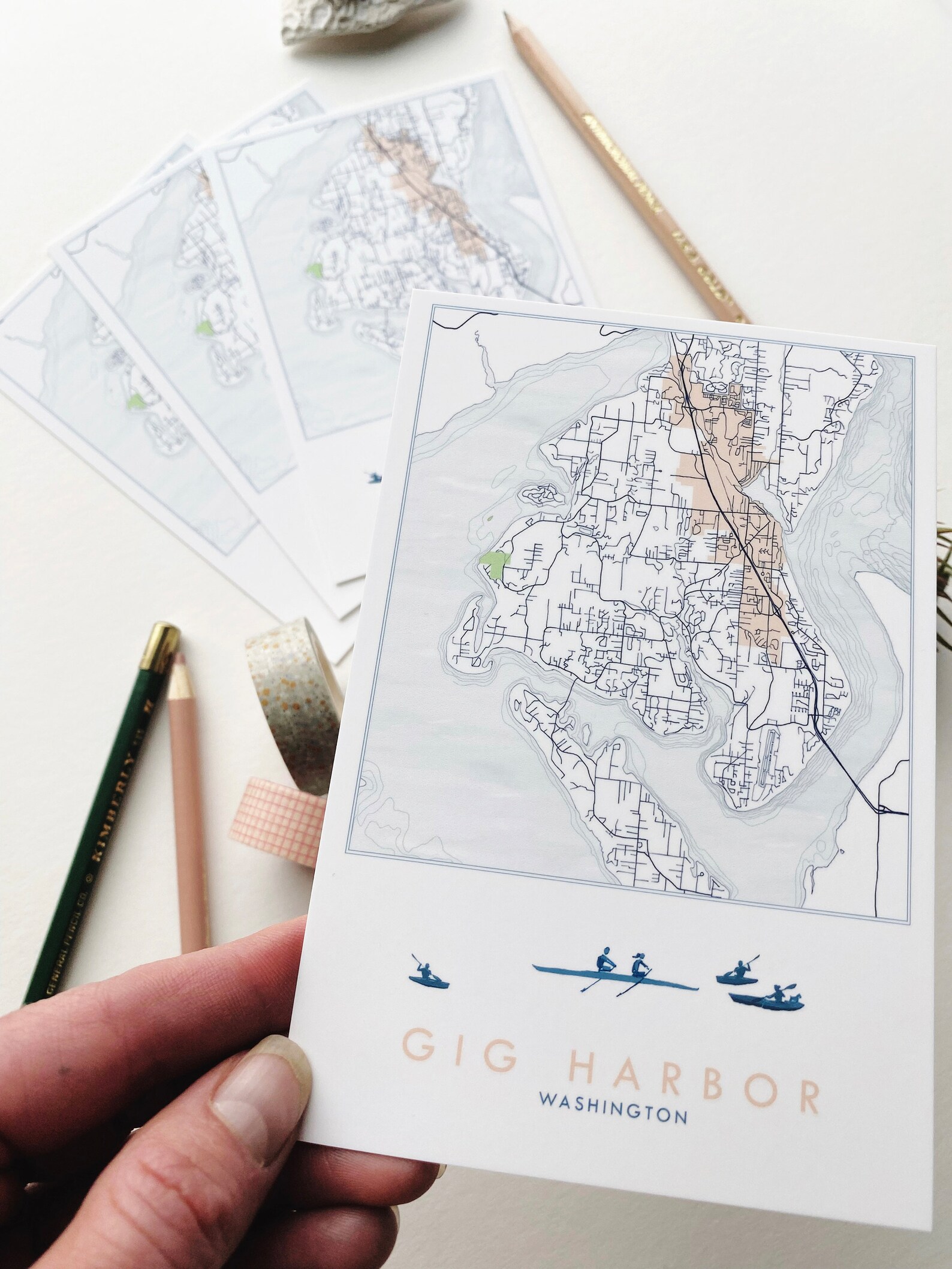 GIG HARBOR Hand-drawn Watercolor Map Standard POSTCARD Washington Kayak ...