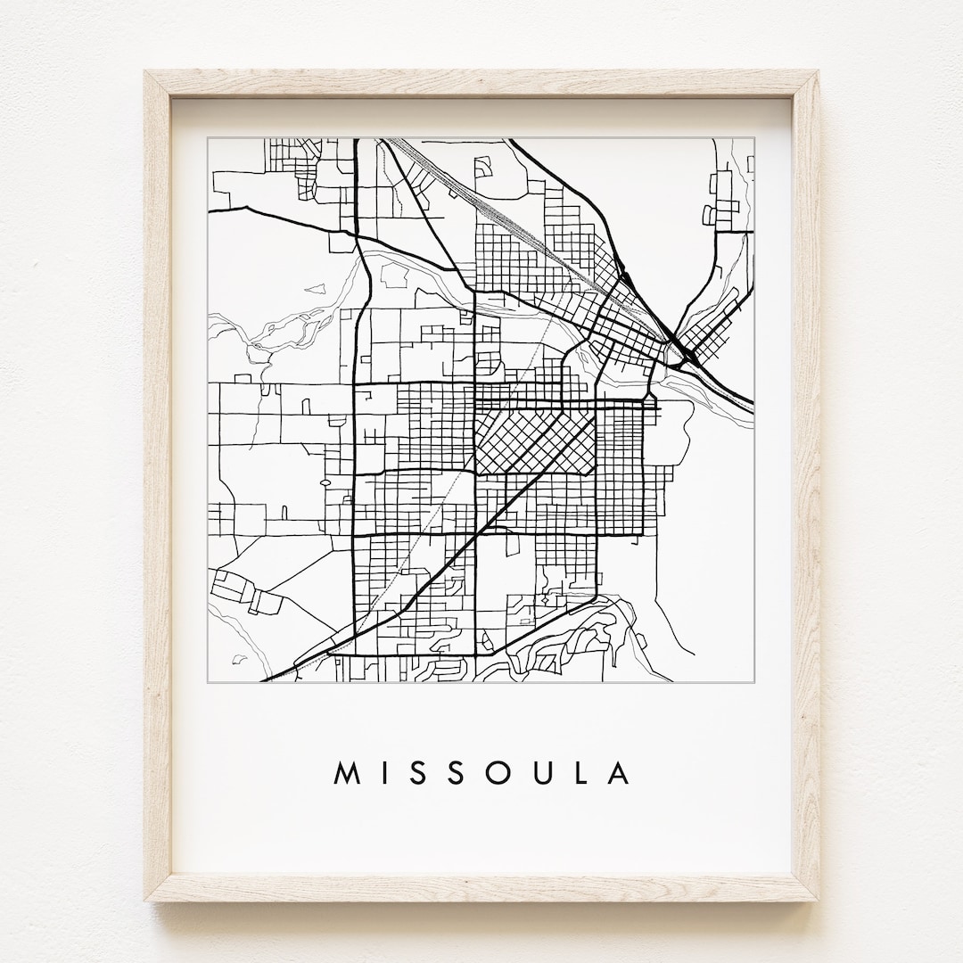 MISSOULA Map Street Map MONTANA City Map Drawing Black and White (art ...