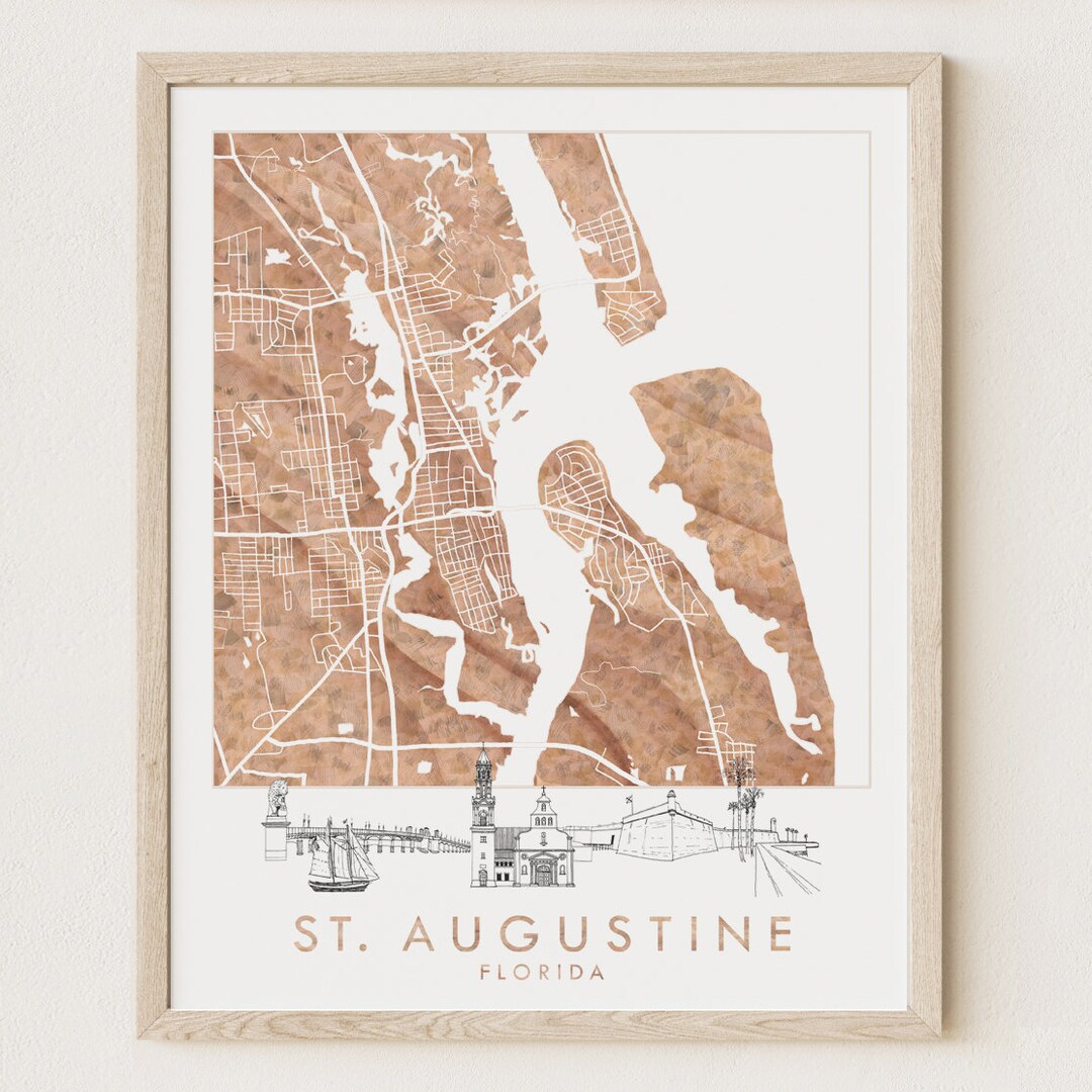 St AUGUSTINE Watercolor City Map and Architectural Sketch Print FLORIDA ...