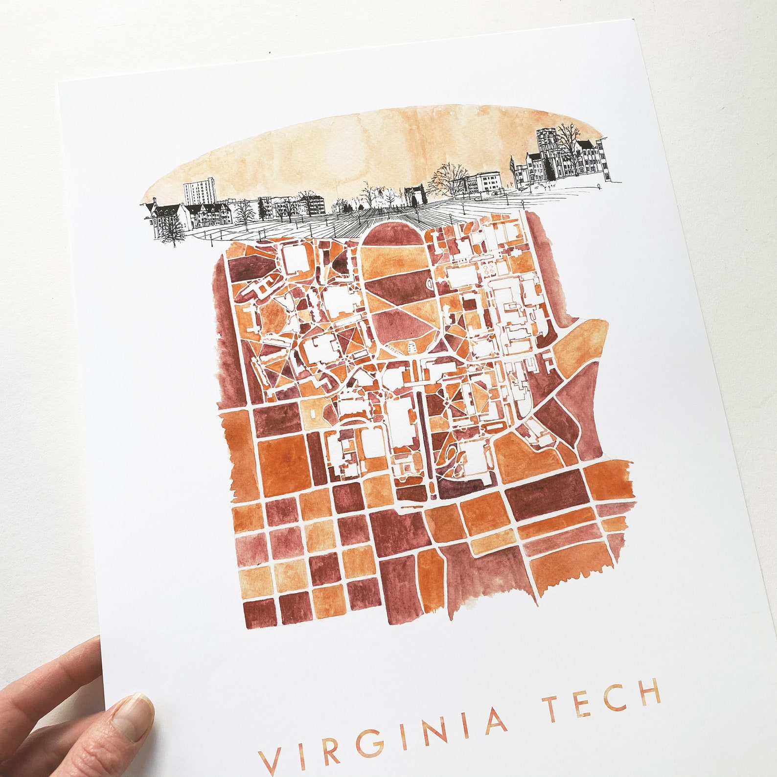 VIRGINIA TECH Hand Painted Campus Watercolor Map (art Print) BLACKSBURG ...