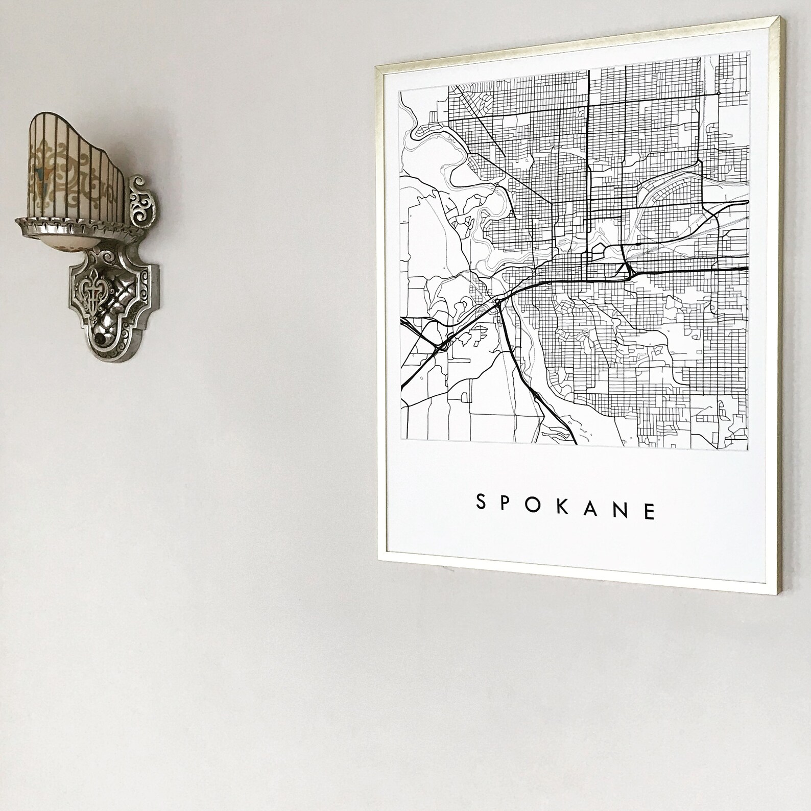 SPOKANE Map Street Map WASHINGTON City Map Drawing Black and White (art ...