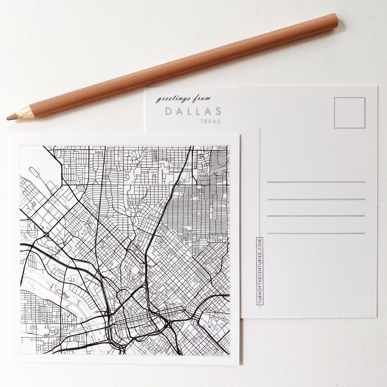 DALLAS Map Drawing POSTCARD Texas City Map Block Plan Wedding Realtor ...