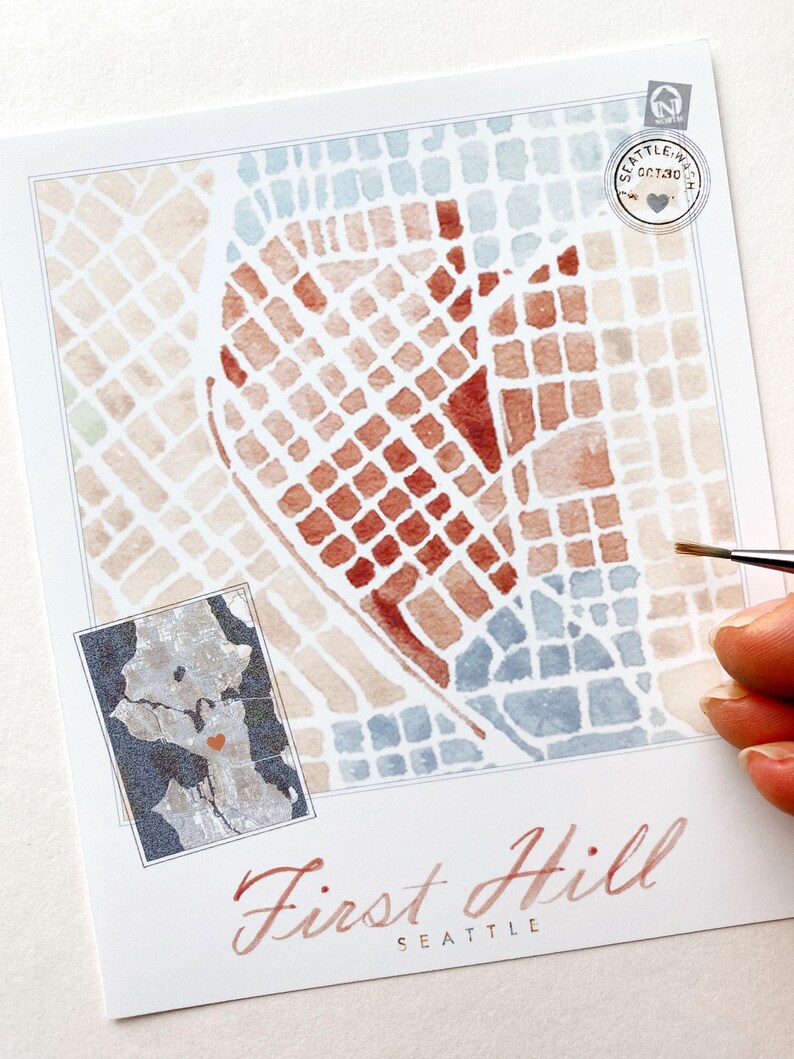 FIRST HILL Seattle Neighborhood Map Watercolor Print WASHINGTON City ...