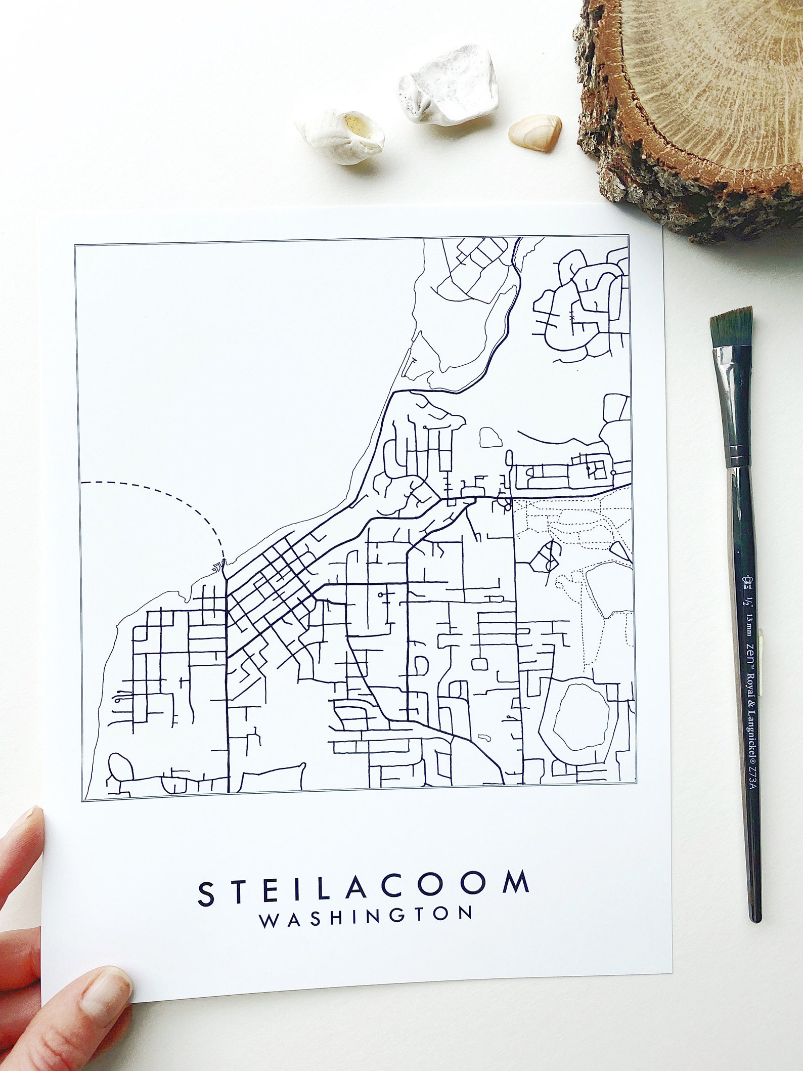 STEILACOOM Map Hand Drawn Street Map WASHINGTON City Map Drawing Black ...
