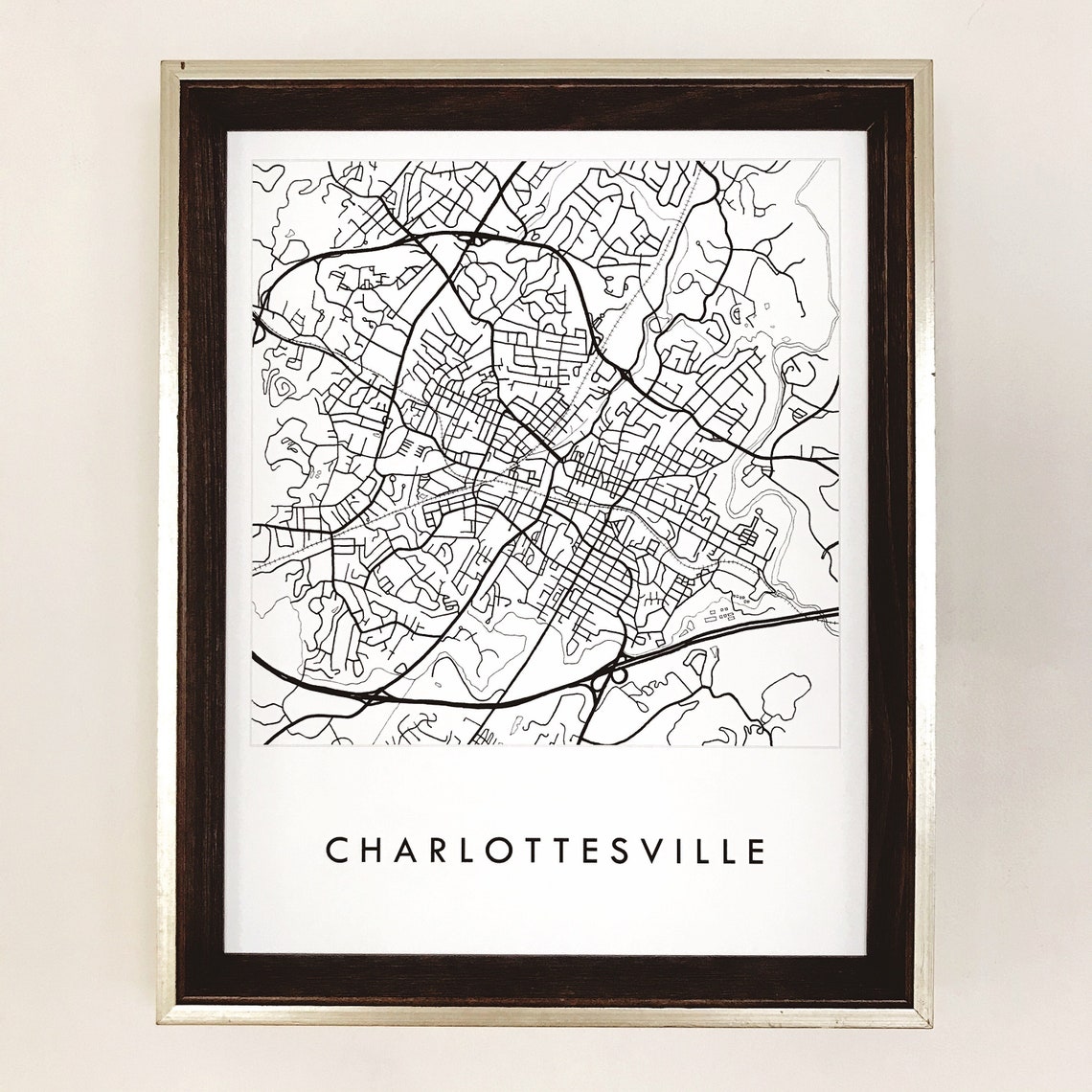 CHARLOTTESVILLE Virginia Map Street Map Drawing Black and White (art ...