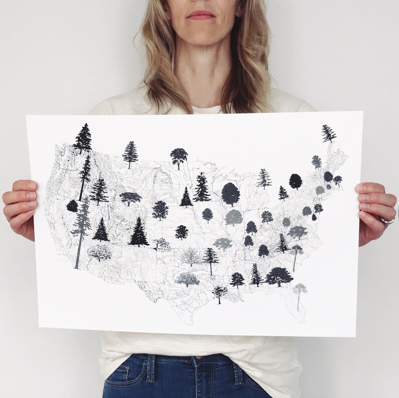 STATE Treescape Map Drawing art Print American USA State | Etsy