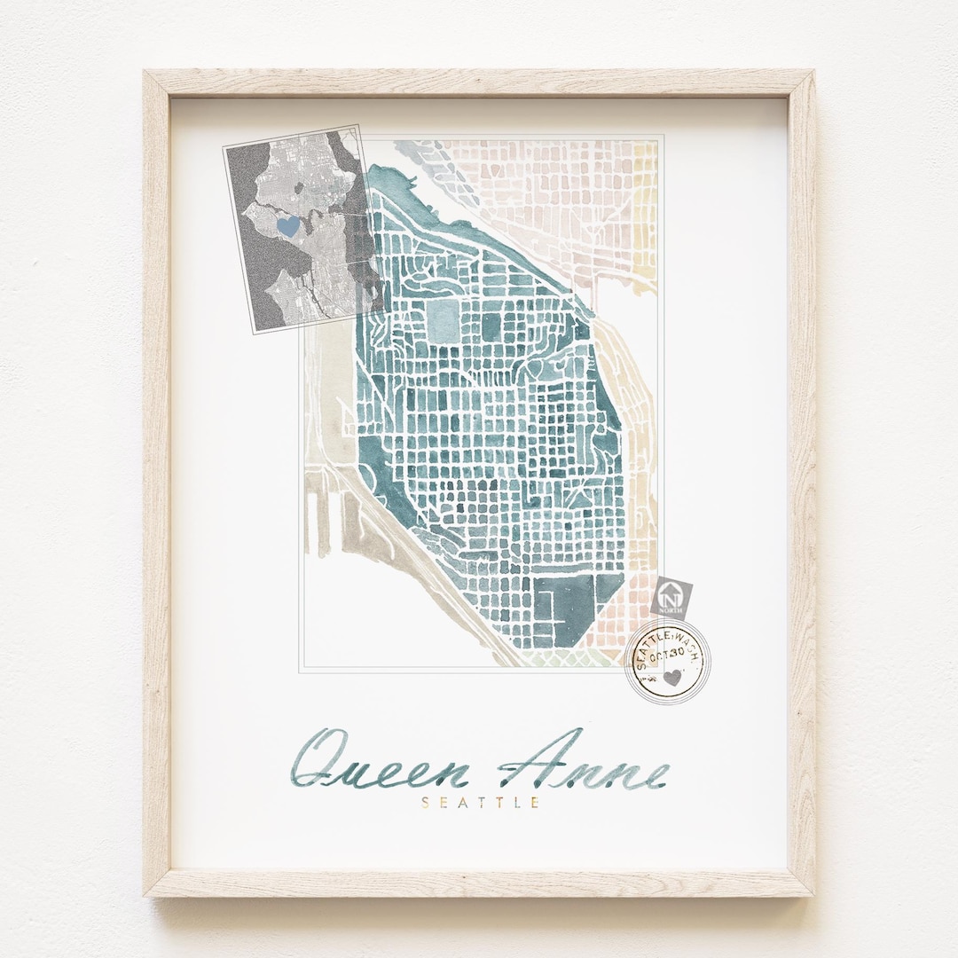 QUEEN ANNE Seattle Neighborhood Map Watercolor Print WASHINGTON City ...