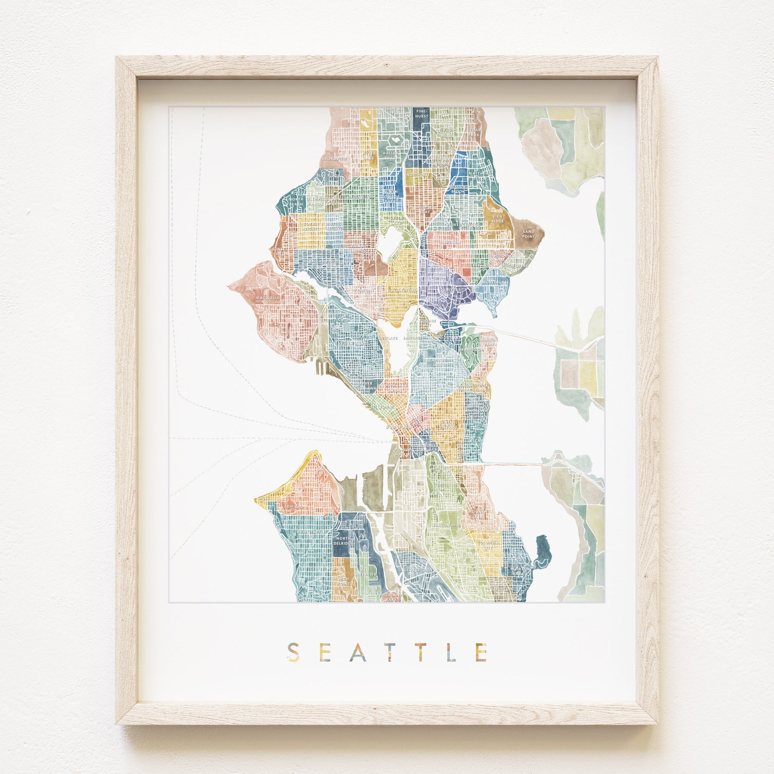 SEATTLE Neighborhoods Map Colorful Watercolor Map WASHINGTON City Block ...