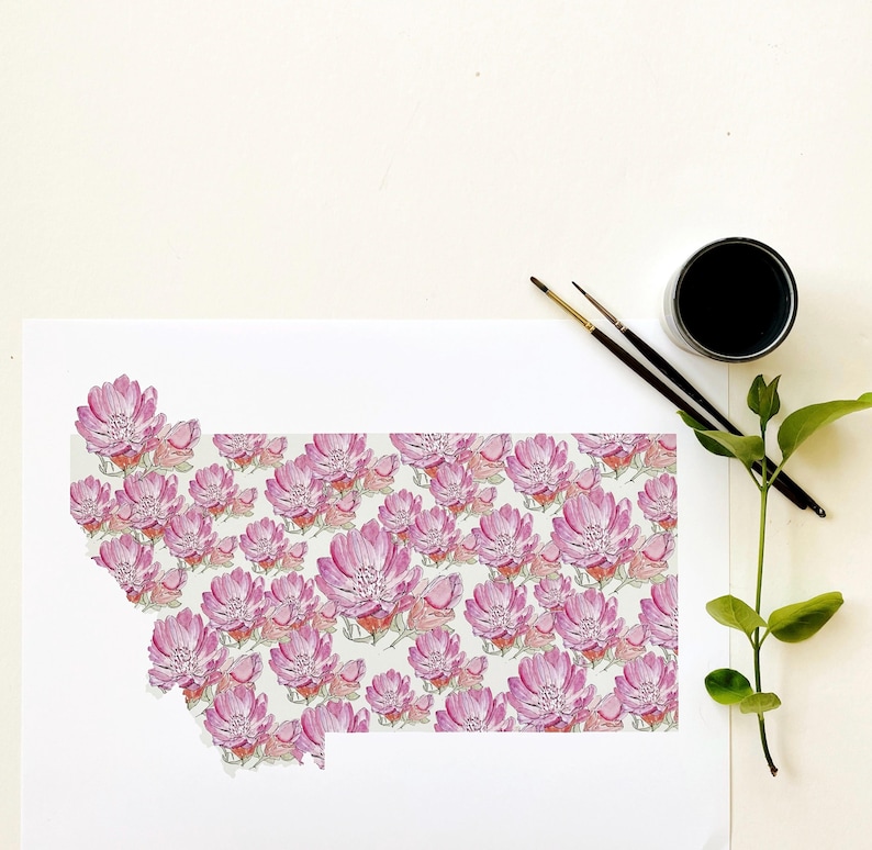 MONTANA State Flower Map Watercolor Bitterroot (art Print) Map Wall ...