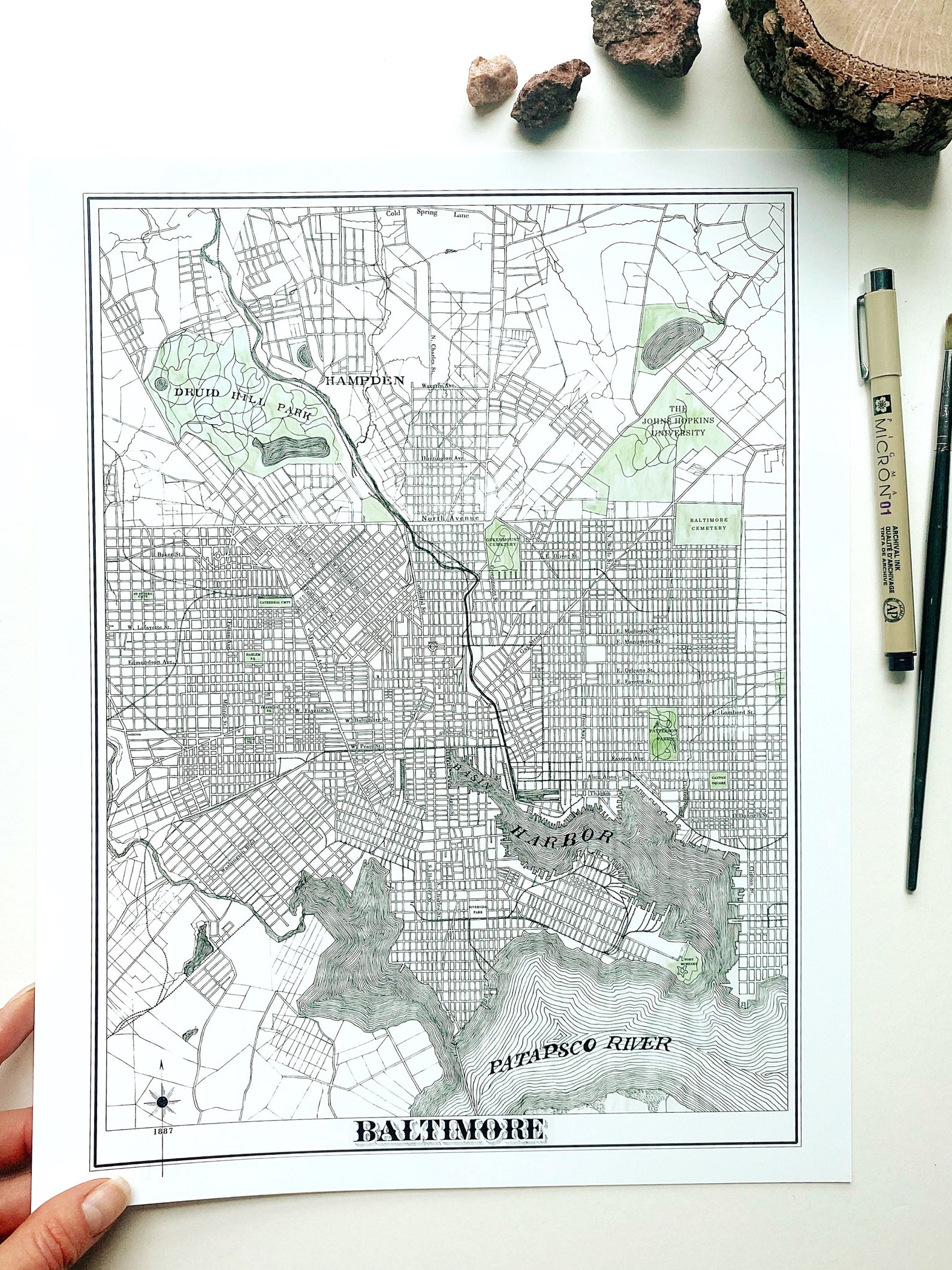 BALTIMORE Map Hand-drawn 1887 Street Map MARYLAND City Map Drawing (art ...