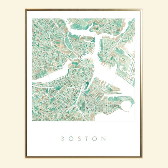 Greater BOSTON Map Watercolor Print City Block Plan art | Etsy