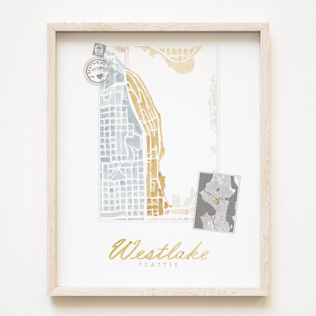 WESTLAKE Seattle Neighborhood Map Watercolor Print WASHINGTON City ...