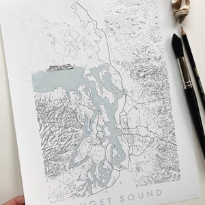 PUGET SOUND Topographic Ferry Map Washington (11x14 Art Print) Seattle ...