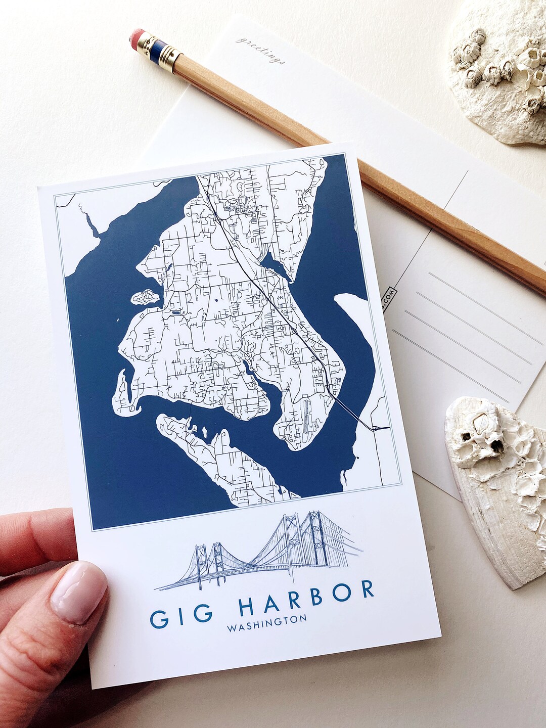GIG HARBOR Hand-drawn "blueprint" Map Standard POSTCARD Washington ...