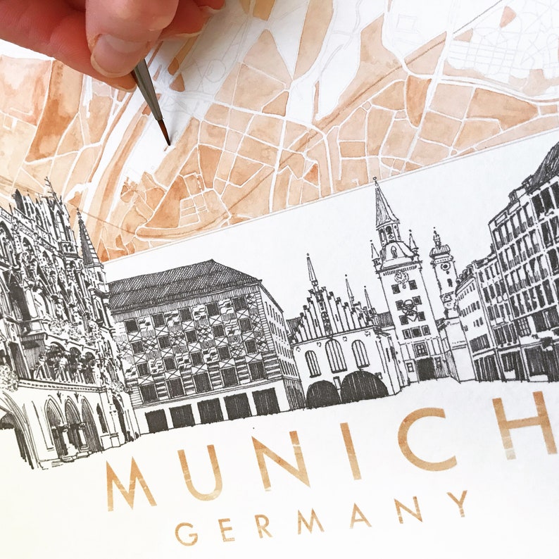 MUNICH Watercolor Map and Architectural Sketch Print GERMANY City Block ...