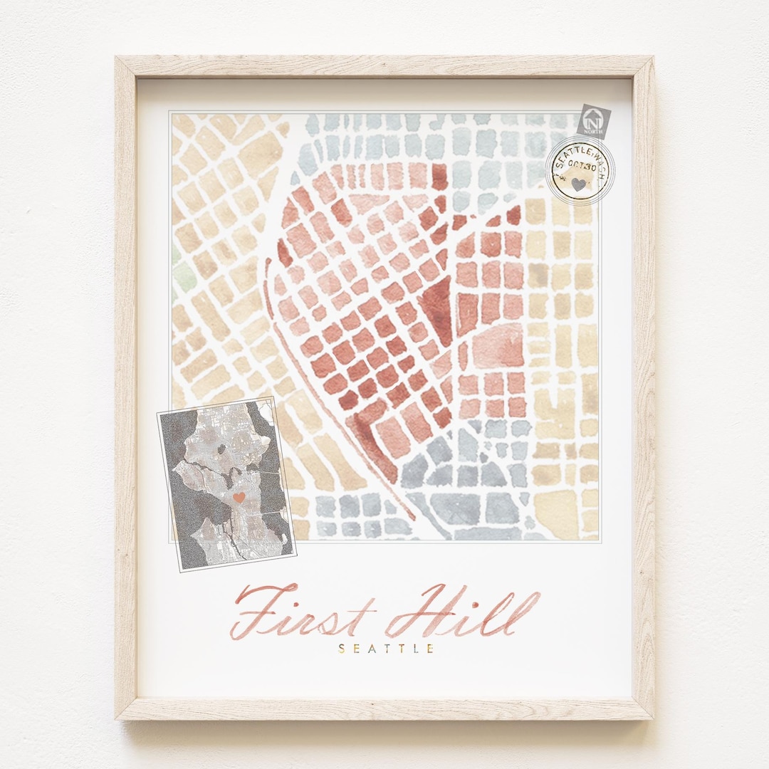 FIRST HILL Seattle Neighborhood Map Watercolor Print WASHINGTON City ...