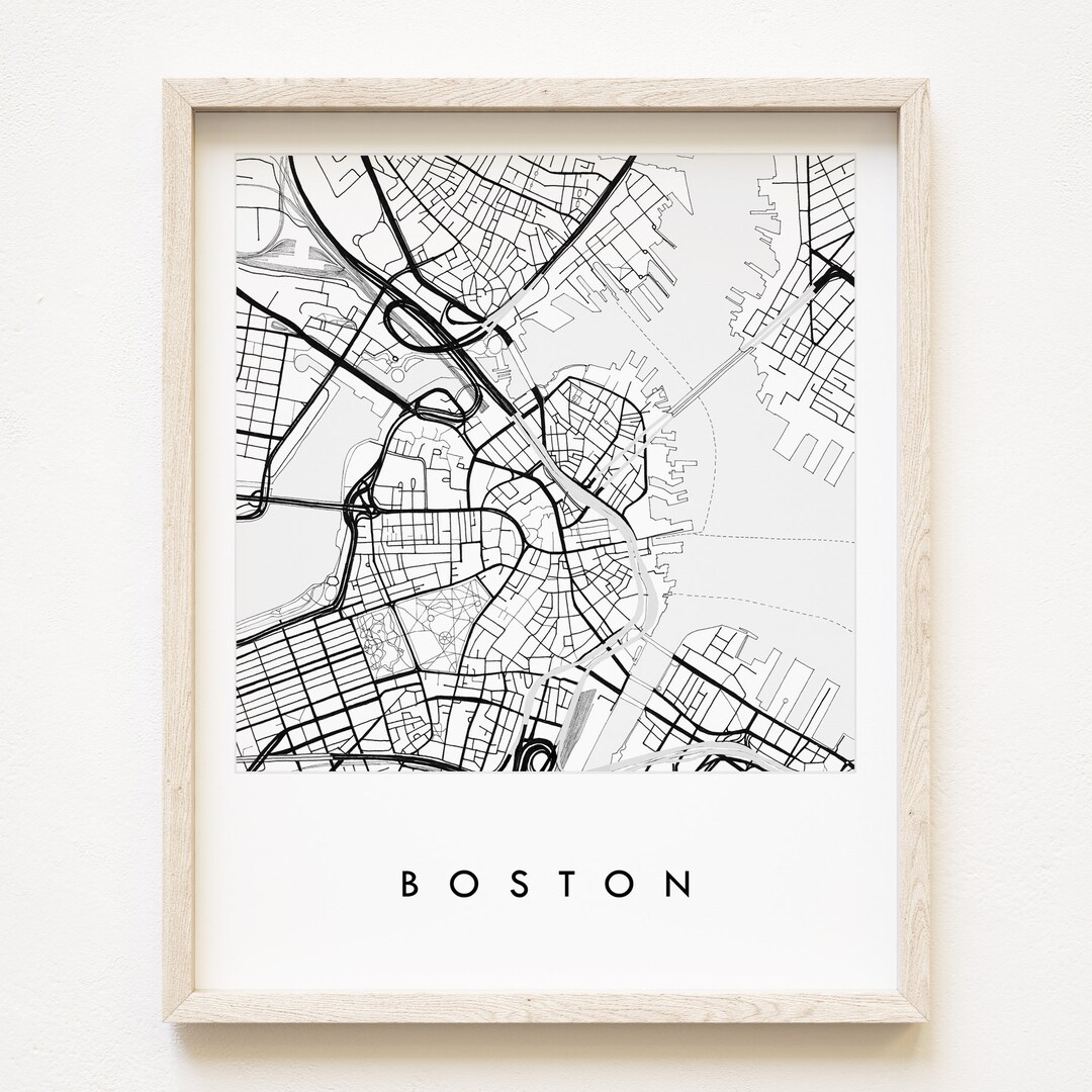 BOSTON Map Street Map MASSACHUSETTS City Map Drawing Black and White ...