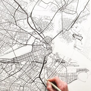 Greater BOSTON Map Street Map MASSACHUSETTS City Map Drawing Black and ...