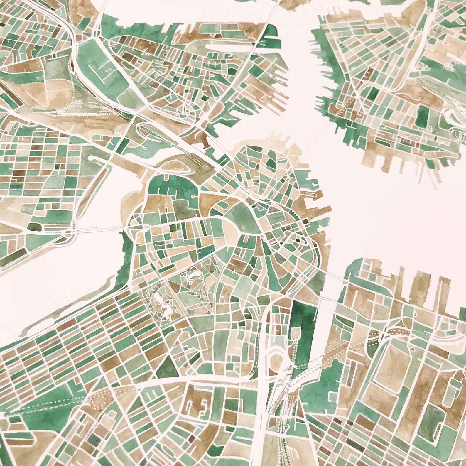 Greater BOSTON Map Watercolor Print City Block Plan art - Etsy