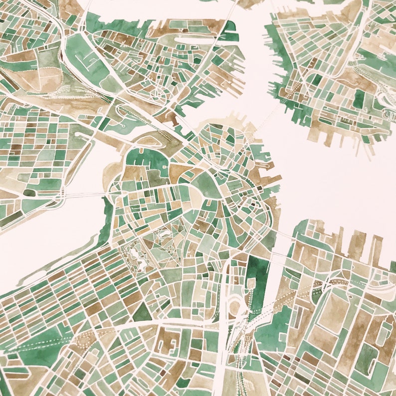 Greater BOSTON Map Watercolor Print City Block Plan art - Etsy