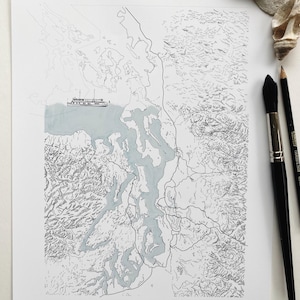PUGET SOUND Topographic Ferry Map Washington (11x14 Art Print) Seattle ...