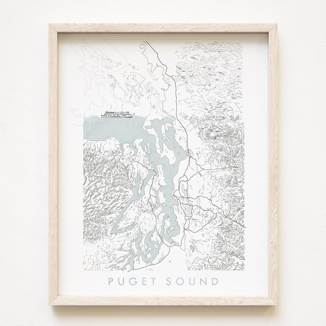 PUGET SOUND Topographic Ferry Map Washington (11x14 Art Print) Seattle ...
