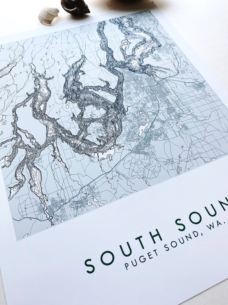 SOUTH Puget SOUND Map Hand Drawn Topographic Map WASHINGTON Bathymetric ...