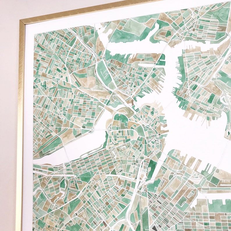 Greater BOSTON Map Watercolor Print City Block Plan art - Etsy