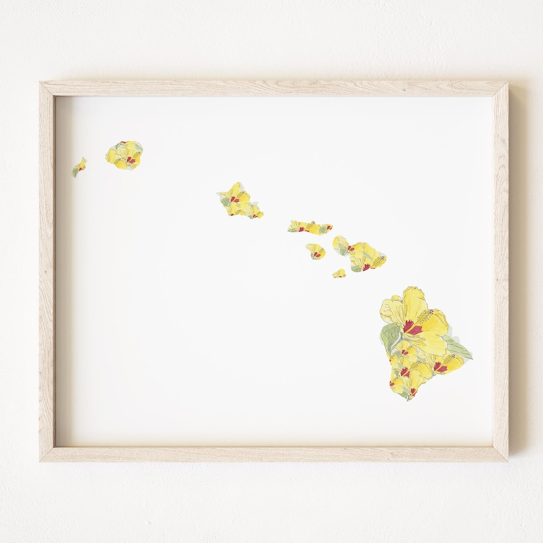 HAWAII State Flower Map Watercolor Pua Aloalo Yellow Hibiscus (art ...