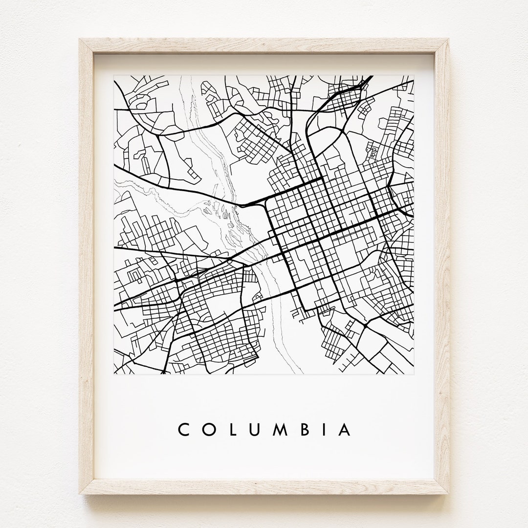 COLUMBIA Map Street Map South Carolina City Map Drawing Black and White ...