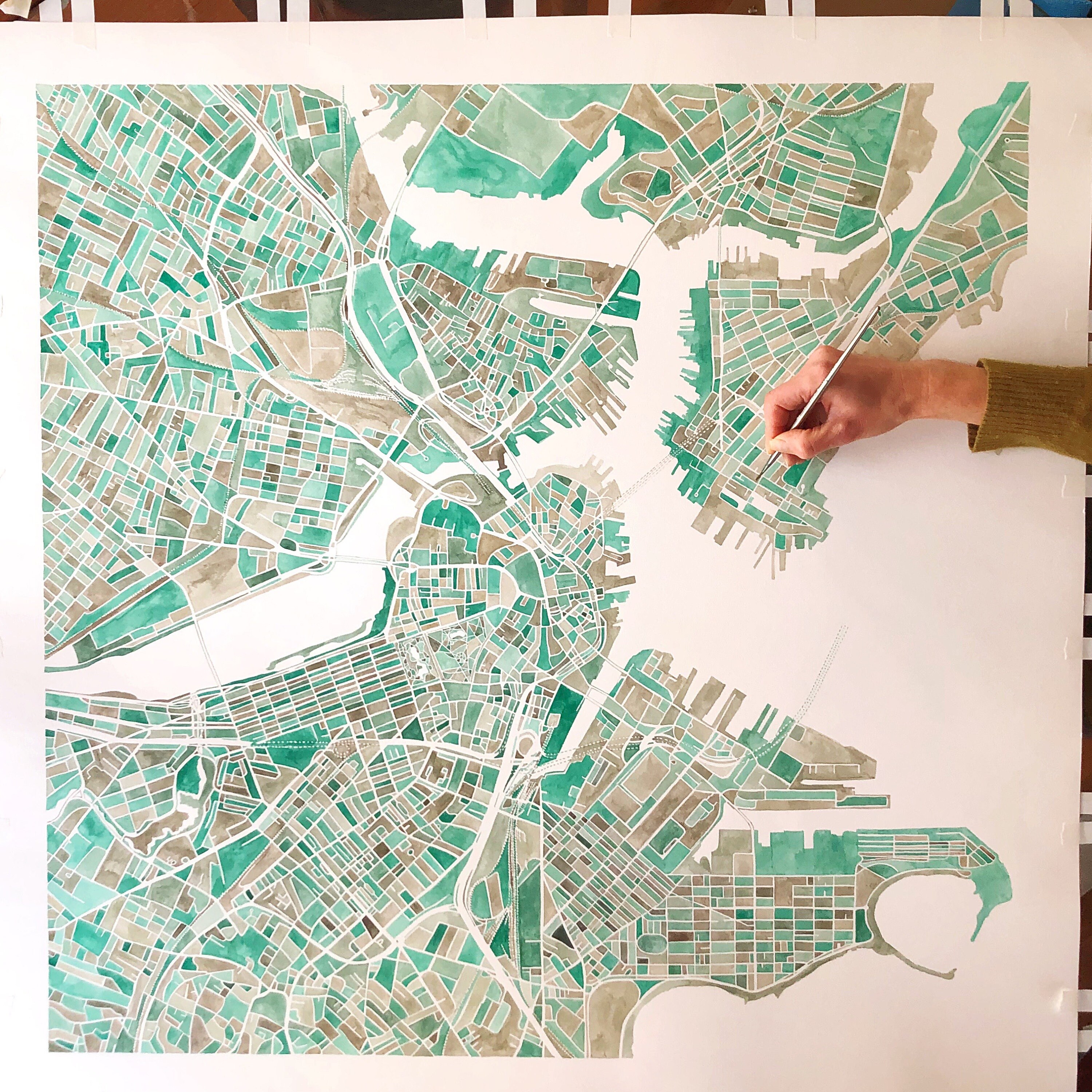 Greater BOSTON Map Watercolor Print City Block Plan art | Etsy